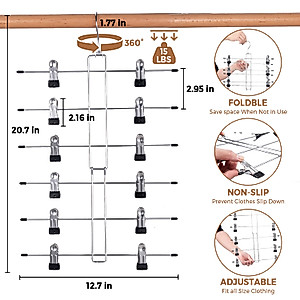 Tonswachic Pants Hangers with Clips - 6 Tiers Skirt Hangers - 3 Pack Pants Hangers Space Saving - Closet Organizer and Storage for Jeans Leggings Shorts (3 Pack with Extra One Purse Hanger Organizer)