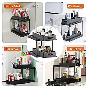 Pull Out Under Sink Organizers and Storage for Bathroom and Kitchen, 2 Tier Double Sliding Under Cabinet Storage Organizer with Hooks, Hanging Cup, Pull Out Double Shelf Drawer
