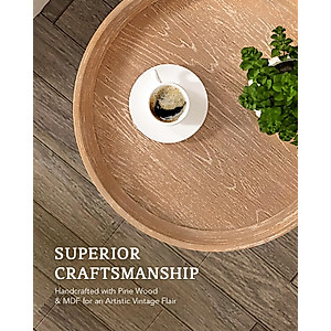 VONLUCE French Country End Table, 19'' Round Farmhouse Side Table, Distressed Wood Tray Top Rustic Accent Table for Living Room Bedroom, Small Space, Gray