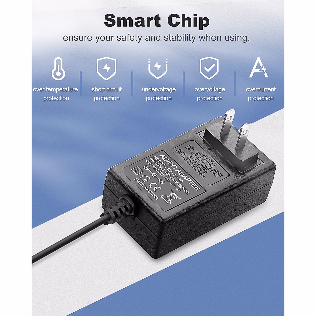 DC 12 Volt 3 Amp Power Supply Adapter 3A AC Adapter 100-240V 50-60Hz AC to DC 12V Cord with 5.5mmx2.5mm DC Barrel & 1 Tip for LED Strip Lights Speakers Routers [DC 12V 3A]