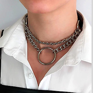 CLOACE Punk Gothic Choker Necklace Black Leather Chain Circle Necklaces Gothic Collar Chokers Rock O-Ring Wide Necklace Halloween Costume Jewelry Adjustable for Women