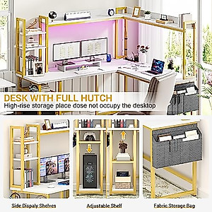 Aheaplus L Shaped Desk with Power Outlet, L Shaped Gaming Desk with Led Light & Hutch, Reversible Home Office Desk, Corner Computer Desk Writing Desk with Monitor Stand & Storage Shelf, White+Gold