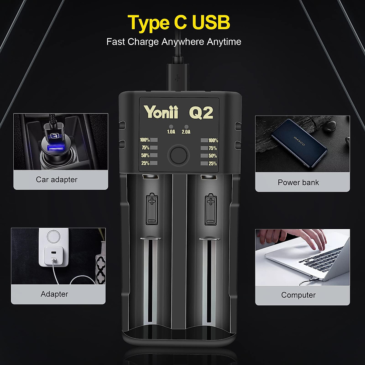 18650 Charger,Smart Universal Charger Fast Charger 2 Bay for Rechargeable Batteries Ni-MH Ni-Cd AA AAA Li-ion IMR 10440 14500 16340 RCR123A 26650 3.6V 3.7v 1.2v Current 1A 2A Optional (No Battery)