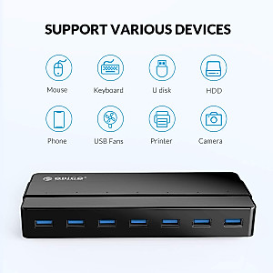 Powered 7-Port USB 3.0 Hub, ORICO USB Data Hub with 12V Power Adapter, Multi USB 3.0 Splitter with 3.3 Ft Long USB Cable for PC, Laptop, Keyboard, Mouse, HDDs and More-Black