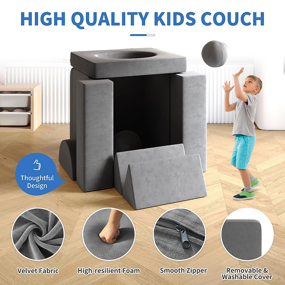 Kids Couch, 12PCS Toddler Couch with 2 Balls and Tunnel, Modular Kids Couch for Playroom, Kids Play Couch for Kickball Game, 30+ Creative Gameplay Couch for Kids (Darkgray)