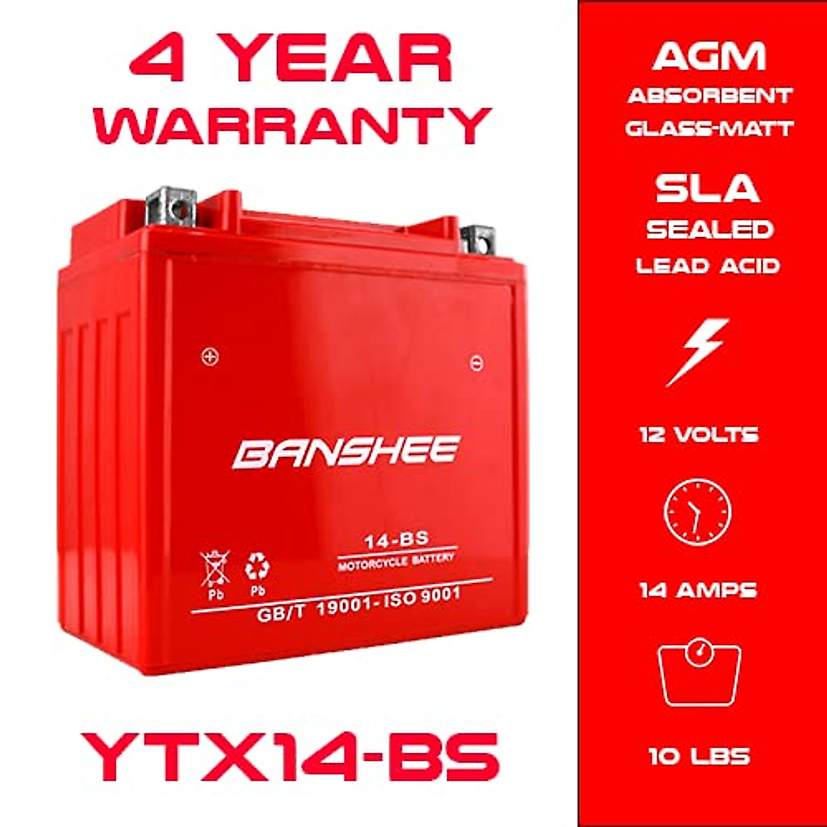 Banshee YTX14-BS Maintenance Free Battery with 4 Year Warranty BAN14BS