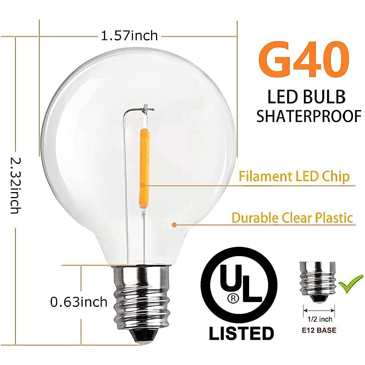 25 Pack G40 Led Replacement Light Bulbs, E12 Screw Base Shatterproof LED Globe Bulbs for Outdoor String Lights, 0.6 Watt Dimmable Light Bulbs, Warm White Light Bulb