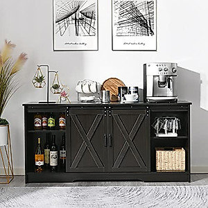 4 EVER WINNER Buffet Cabinet with Storage, 60” Kitchen Sideboard Cabinet with Sliding Barn Doors, Farmhouse Coffee Bar Cabinet Black Buffet Server Cabinet for Living Room Dinning Room, Espresso