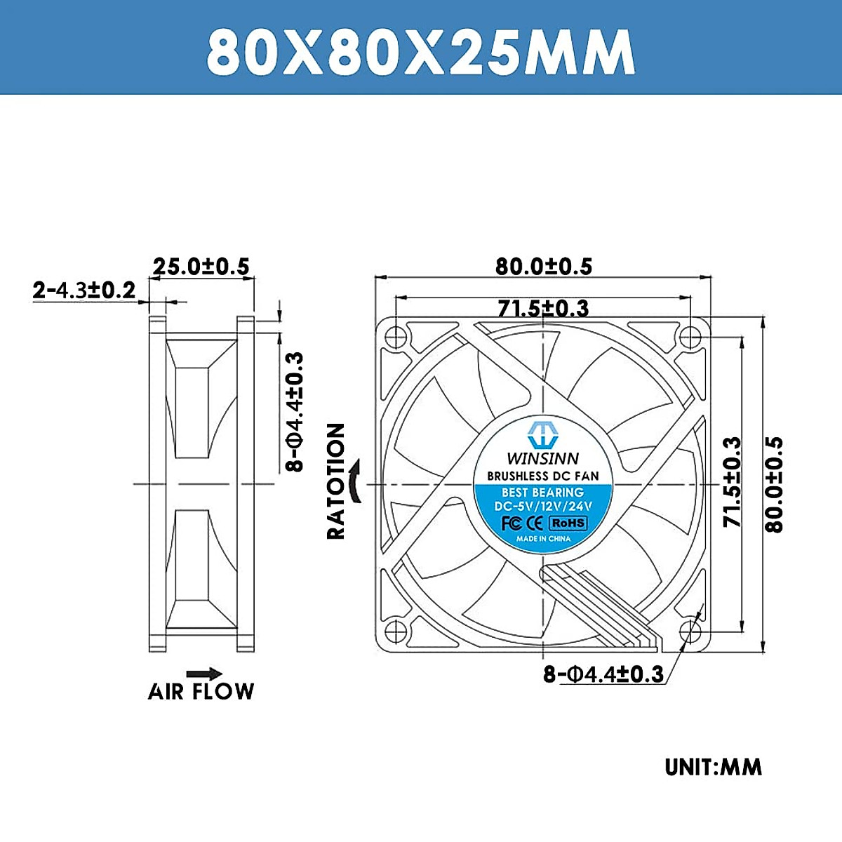 WINSINN DC 80mm Fan 24V 8025 Sleeve Bearing Brushless Cooling 80mmx25mm 2PIN (Pack of 2Pcs)