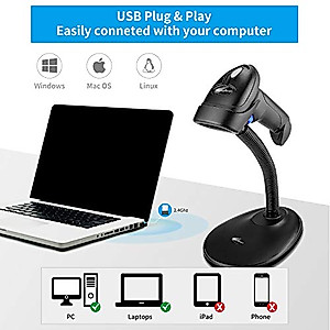 NetumScan Wireless Barcode Scanner with Stand, Portable Automatic Barcode Reader 2-in-1 (2.4G Wireless & USB 2.0 Wired QR Code Scanner for Warehouse POS and Computer (1D)