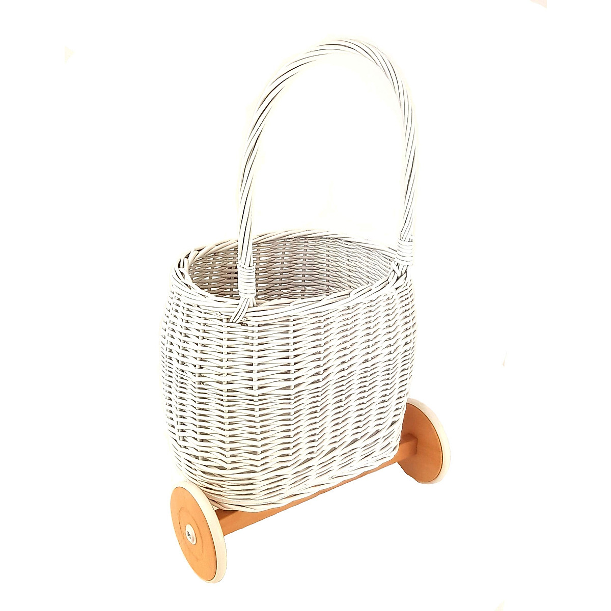 WIKLIBOX Rattan Pully Toy Basket - Handcrafted European Wicker Luggy Toy Storage - Natural, Durable & Stylish Organizer - Perfect for Kids' Rooms, Nurseries & Playrooms | Pink with Pom Poms
