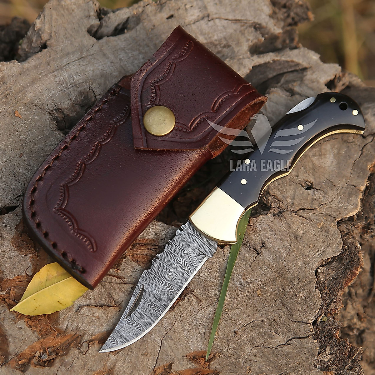 Lara Eagle Damascus Pocket Knife for Men - 133 Layer Solid Steel Handmade Folding Hunting Knives with Sharpner and Leather Pouch - Best Knife for Camping Hunting Hiking - Father’s Day Gifts for Men Husband Dad (Buffalo Horn Handle)