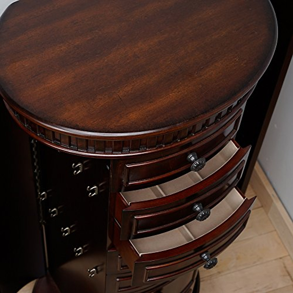 Hives and Honey Bailey Oval Standing Jewelry Armoire Cabinet, Jewelry Storage Organizer with Mirror Lid, Side Doors, 7 Drawers, Jewelry Chest, Jewelry Box for Necklaces, Earrings, Bracelets, Walnut