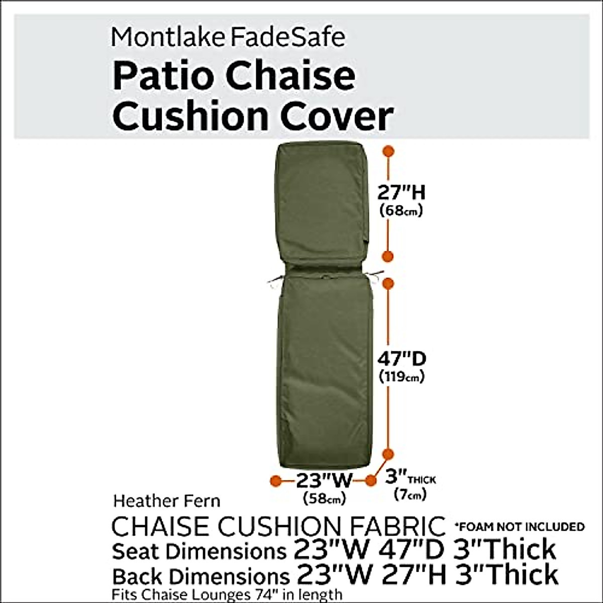 Classic Accessories Montlake Water-Resistant 74 x 23 x 3 Inch Outdoor Chaise Lounge Cushion Slip Cover, Patio Furniture Cushion Cover, Heather Fern, Patio Furniture Cushion Covers