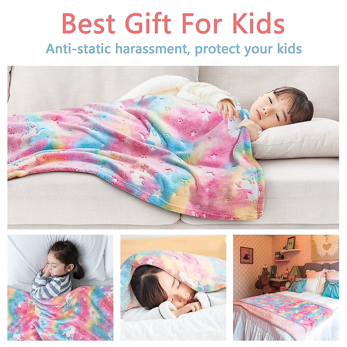 Glow in The Dark Throw Blanket, Luminous Unicorns Blanket for Boys Girls, Super Soft Fuzzy Plush Flannel Furry Fleece Blanket, Perfect for Bed or Sofa, Personalized Kids Gifts (Rainbow, 50" x 60")