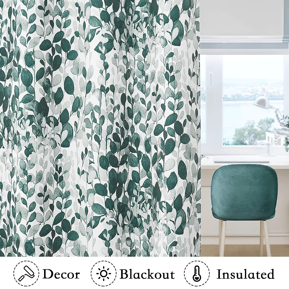 KGORGE Herb Foliage Pattern Curtains, Lighten up Indoor Space Room Darkening Window Curtain Set for Dining Area/Farmhouse, W 52" x L 84" per Panel, 2 Pcs, Green-Blue