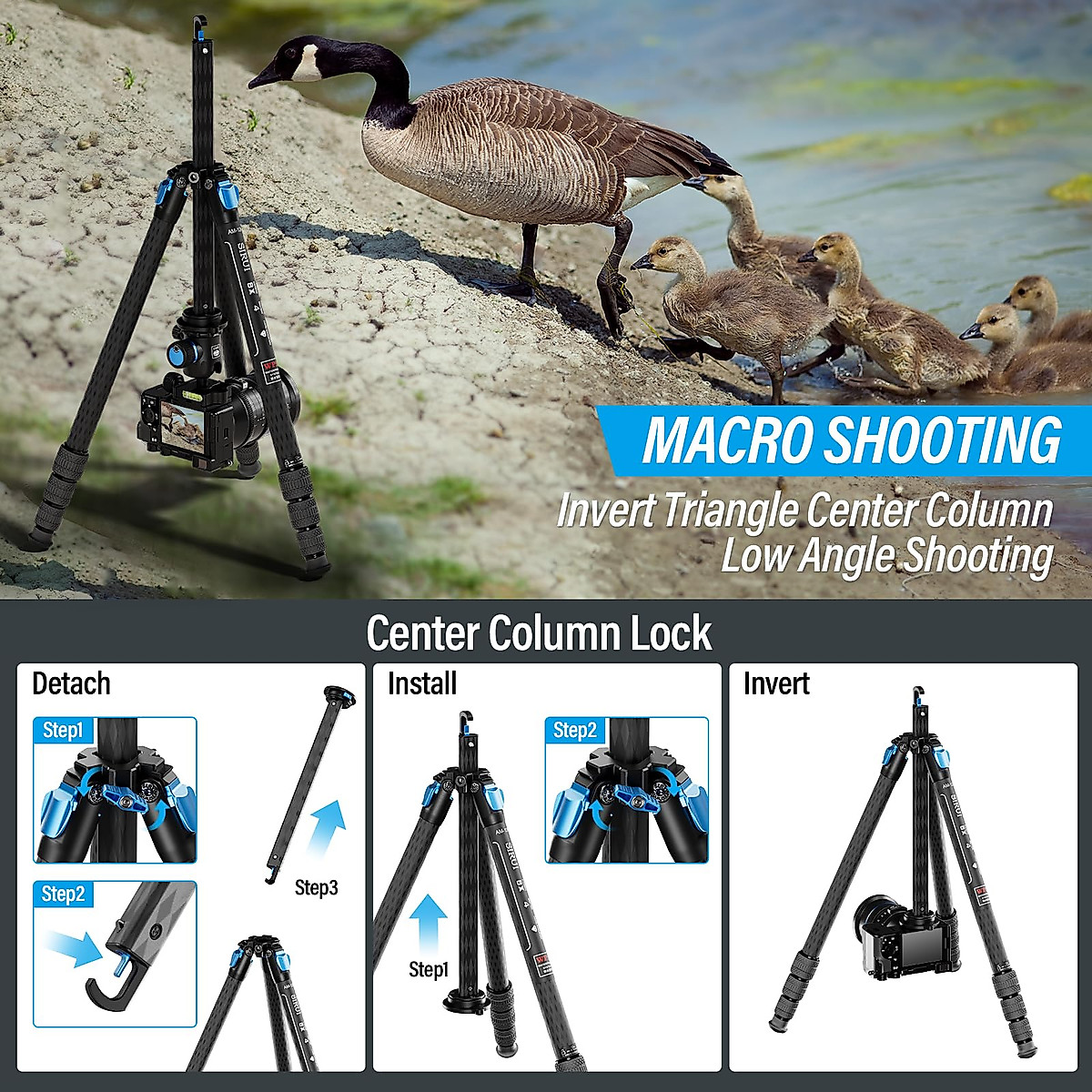 SIRUI AM-124 Carbon Fiber Tripod with Triangular Center Column, 62.6" Compact TravelTripod for Camera, 4 Sections, Waterproof Twist Lock, Load 26.5lbs
