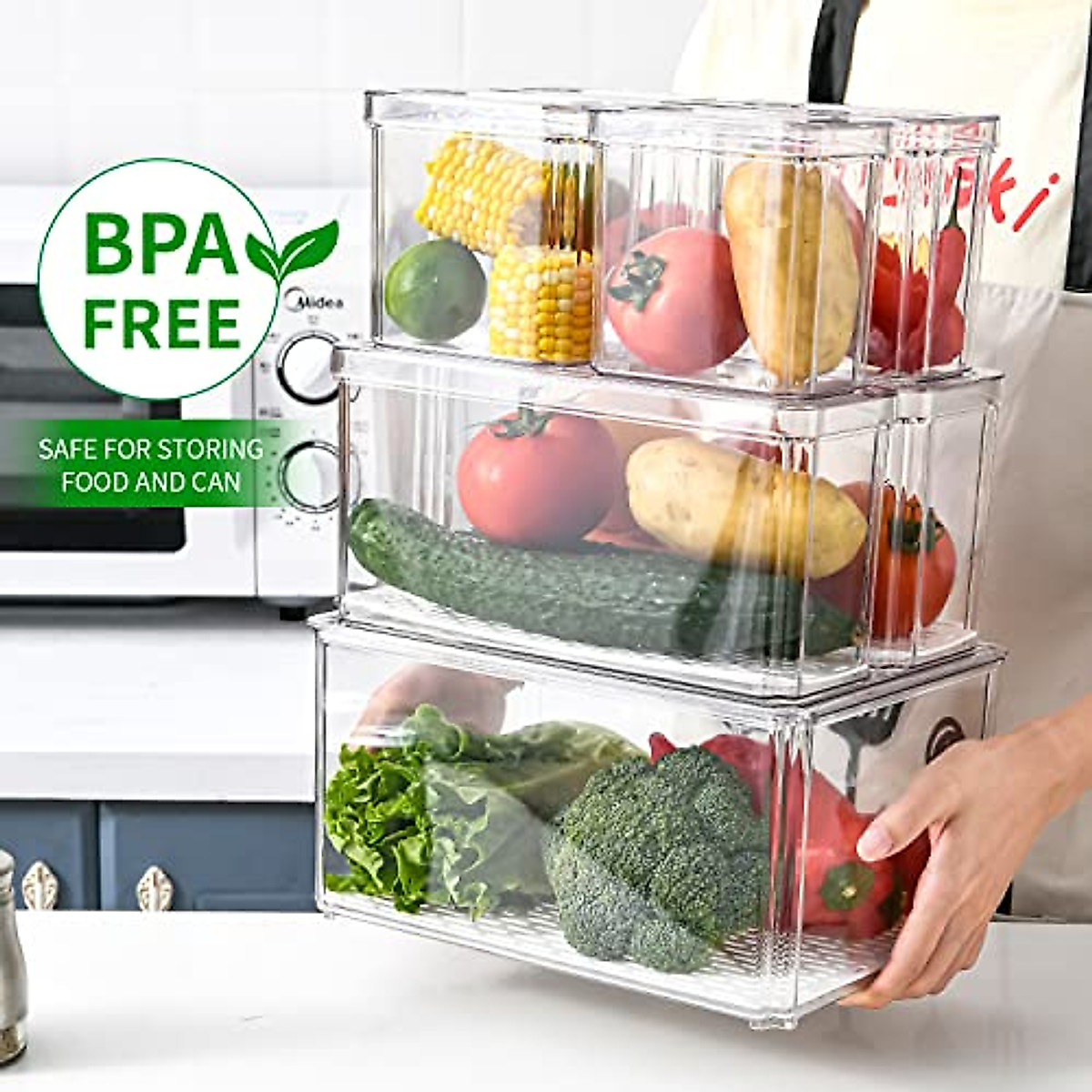 Set Of 7 Clear Fridge Organizer Stackable Refrigerator Organizer Bins with Lids,Pantry Organization and Storage,Apply to Fridge,Fresh Keeper Bin,with Vented Lids & Removable Drain Tray