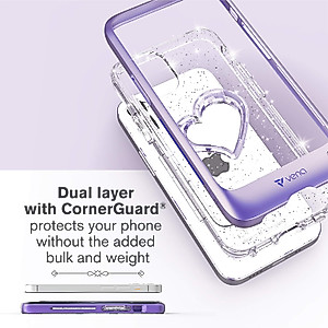 VENA iPhone 12 Mini Glitter Case, vLove (Heart Shape, CornerGuard Protection) Dual Layer Slim Hybrid Clear Bumper Cover Designed for Apple iPhone 12 Mini (5.4"-inch) - Purple