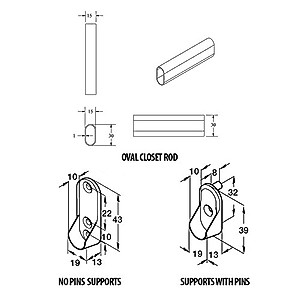 13" Long Aluminum Oval Wardrobe Tube Closet Rod (1/4,1/2,3/4), Polish Chrome Oval Tubing + 2 End Supports - Custom Length -