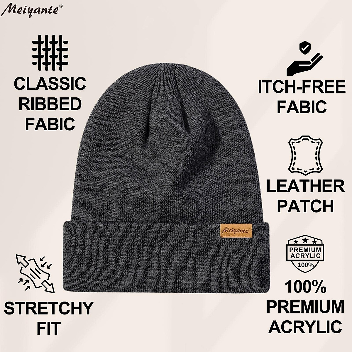Meiyante Beanie Hats for Men & Women - Warm Stocking Caps for Men & Women, Cuffed Knit Thermal Hats, Gift for Him & Her - Charcoal Gray Beanie - Stocking Stuffers for Women Men Under 10
