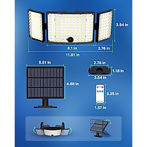 CLAONER Motion Sensor Outdoor Lights - 3500LM 234 LED Solar Outdoor Lights with Remote Control, IP65 Waterproof 3 Heads Flood Lights, 330° Lighting Angle Solar Security Lights with 16.4ft Cable 2 Pack