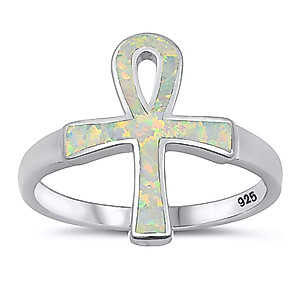 White Simulated Opal Ankh Wide Large Ring .925 Sterling Silver Band Size 6