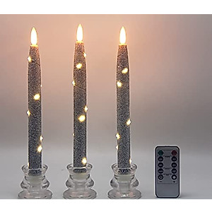 CFDECOR Flameless Glitter Taper Candles with Embedded String Lights, Battery Operated Candle with Timer & Remote, LED Tapered Dinner Candle. for Xmas, Dining, Wedding Décor,Set of 3 (Silver) H: 10"