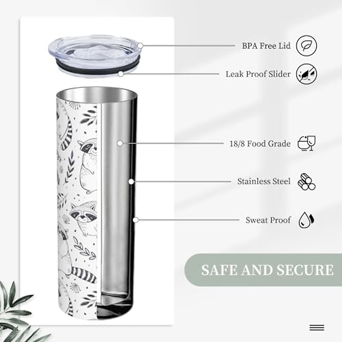 AFHYZY 20 oz Skinny Tumbler Reusable Coffee Travel Mug with Lids and Straws, Insulated Coffee Cups 20oz Stainless Steel Water Bottles Leak Proof for Home, Adults, Women - Raccoon