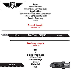 5 x TopsTools JSTT1044D T1044D 10" (250mm) Long Clean and Fast Cuts Wood Cutting Jigsaw Blades Compatible with Bosch, Dewalt, Makita, Milwaukee and many more