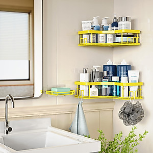 MAXIFFE Shower Caddy, 3-Pack Shower Organizer with Soap Holder, Corner Shower Caddy with 8 Hooks, Wall Mounted Shower Shelf for Bathroom, Kitchen, Countertop, Yellow