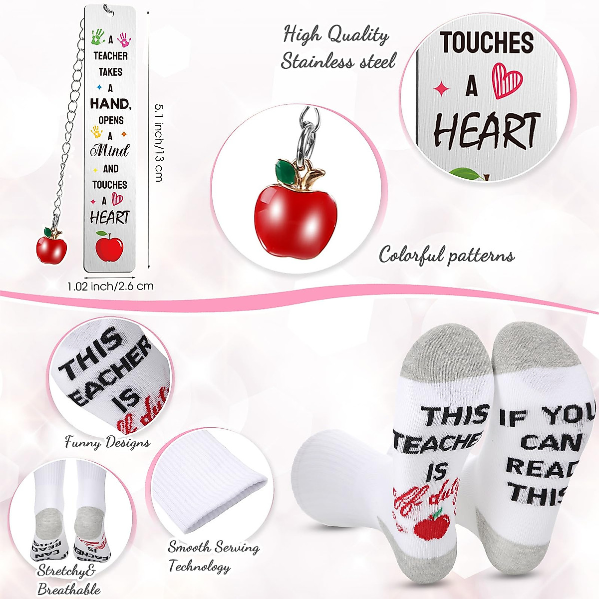 Sabary Christmas Teacher Appreciation Gifts Set Teacher Tumbler for Women, Teacher Cosmetic Bag Unisex Socks Code Bracelet Keychains Bookmark, Back to School Gifts Basket for Birthday Teachers' Day