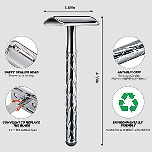 Kinghood Single Blade Safety Razor - Metal One Blade Razor for Men & Women with 10 Stainless Steel Double Edge Blades (Silver)
