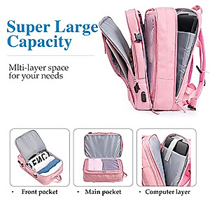 Victoriatourist Travel Laptop Backpack, Extra Large 35L Expandable Carry On Backpack for Women Men with USB Charging Port, Water Resistant Luggage Computer Backpacks Bag Fits 15.6 Inch Notebook, Pink