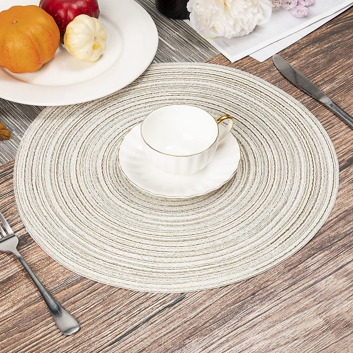 SHACOS Round Placemats Set of 6 Braided Circle Place Mat Washable 15 inch Table Mats for Kitchen Dining Table Mixed Color (Ivory, 6)