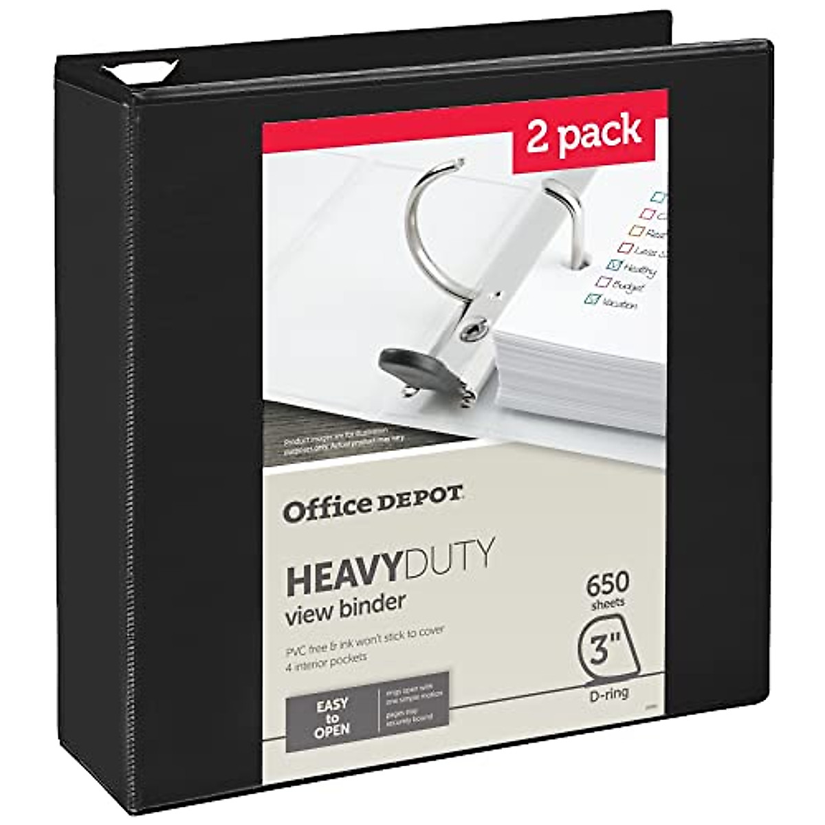 Office Depot® Heavy-Duty View 3-Ring Binder, 3" D-Rings, Black, 49% Recycled, Pack Of 2
