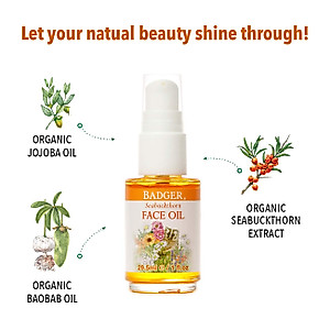 Badger Face Oil, Seabuckthorn, Certified Organic, Seabuckthorn Oil, Organic Face Oil, Moisturizing Facial Oil, Natural Face Oil, 1 oz Glass Bottle