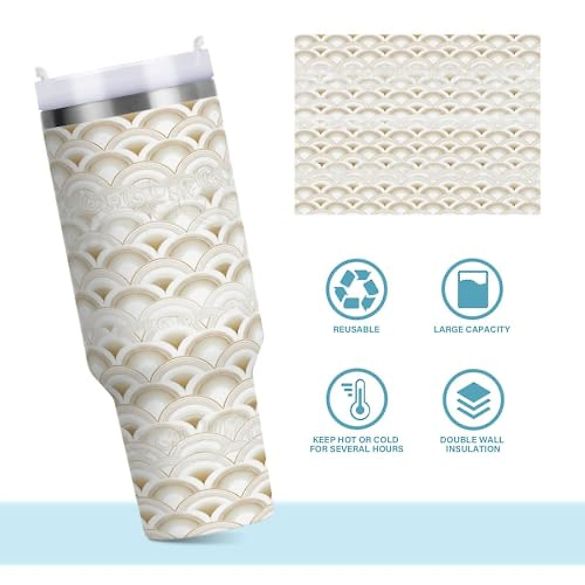 RPLIFE Elegant Gold Outlined Waves White Coffee Tumbler with Handle, Stainless Steel Coffee Cup, Tumbler with Lid and Straw