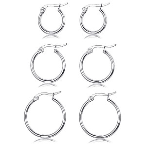 Sllaiss 3 Pairs Sterling Silver Round Hoop Earring for Women Lightweight Click-Top Hoop Earring Hypoallergenic 10-20MM
