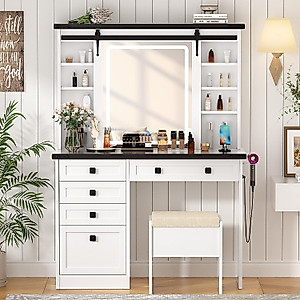 VOWNER Farmhouse Makeup Vanity Desk with Sliding Lighted Mirror & Power Outlet, Vanity Table Set with Hidden Shelves & 5 Drawers & Storage Stool for Bedroom
