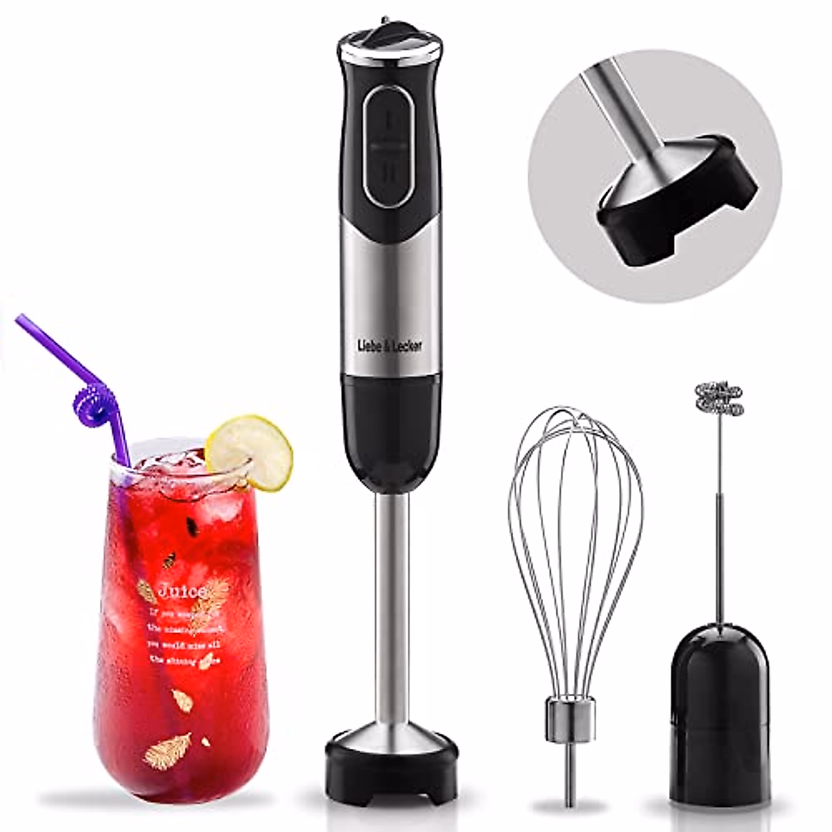 Liebe&Lecker Immersion Blender Handheld, 9-Speed Electric Hand Blender with Whisk, Milk Frother Attachments, 304 Stainless Steel emulsion blender with 500W Powerful Motor for Baby Food, Smoothies and more.