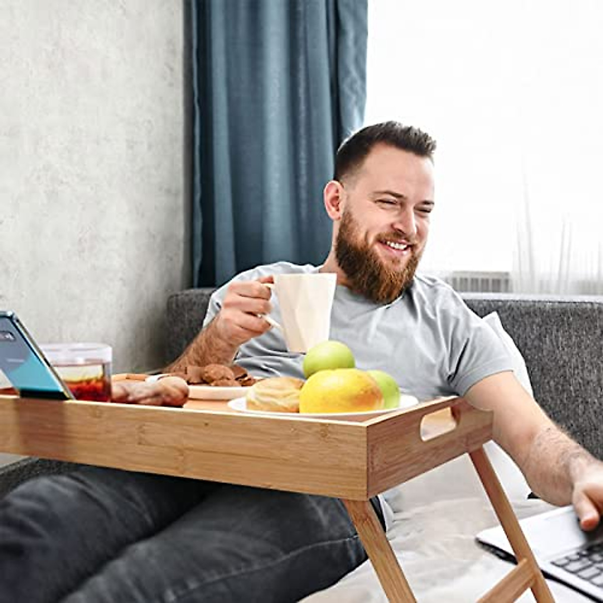Natural Bamboo Bed Tray Table,Large Breakfast Tray with Handles Folding Legs with Media Slot and with Phone Holder，Foldable Platter Tray,Laptop Desk,Flat TV Tray Kitchen Serving Tray (Yellow)