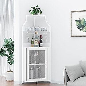 Corner Wine Rack, Bar Cabinet with Glass Holder and Storage Shelves, Baffle Design, Liquor Cabinet with Mesh Door & Adjustable Shelf, Home Bar Furniture for Living Room,Small Space White