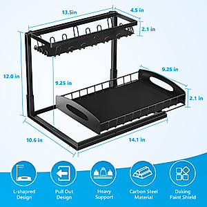 Fkprorjv Under Sink Organizers and Storage, 2 Pack Kitchen Bathroom Sink Organizer with Hooks, 2 Tier Under Sink Cabinet Basket Storage Shelf with Sliding Drawers, Black