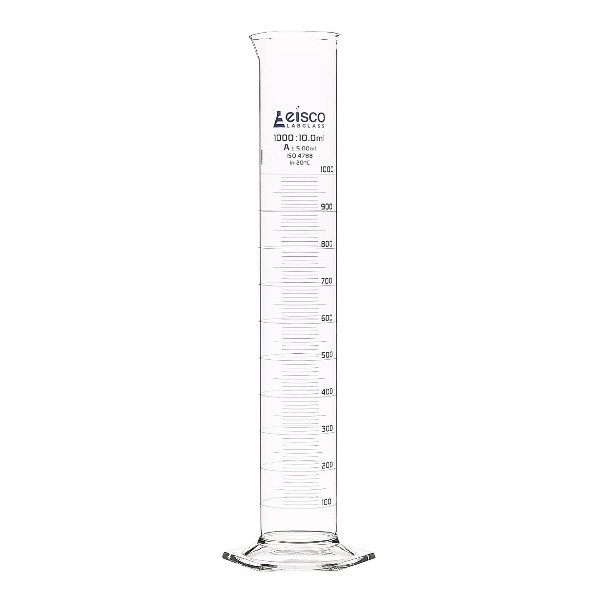 EISCO Graduated Cylinder, 1000ml - Class A Tolerance ±5.00ml - Hexagonal Base - Blue Graduations - Borosilicate 3.3 Glass