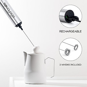 Rechargeable Milk Frother Handheld - 2 Whisks/2 Speed Coffee Frother Rechargeable - One Touch Drink Mixer, Hand Held Frother Wand, Nano Foam Maker for Lattes, Matcha, & Butter, Coffee Stirrers