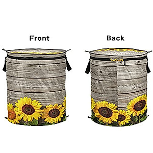 xigua Sunflower Wood Popup Laundry Hamper with Zipper Lid, Foldable Pop-up Hamper Dirty Clothes Basket with Handles for College Dorm, Apartment, Laundromat