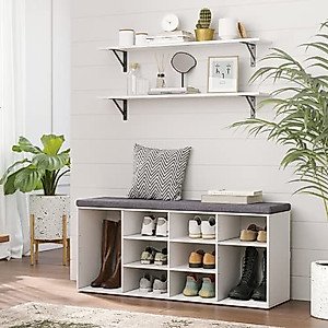 DINZI LVJ Shoe Storage Bench with Cushion, Cubby Shoe Rack with 12 Cubbies, Adjustable Shelves, Multifunctional Shoe Organizer Bench for Entryway, Mudroom, Hallway, Closet and Garage, White