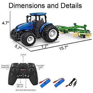 RC Truck Farm Tractor with 2 Rechargeable Batteries - 2.4G 1/24 High Simulation Construction Vehicle with Dual Rotary Swath Windrower，Remote Control Toy with Lights, Hobby Model Toys for Kids 3-6