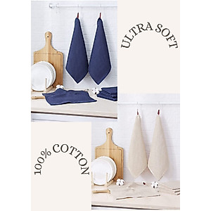 JuliaNa Home and Decor Waffle Weave Kitchen Towels, 100% Cotton, Set of 4 Cloths for Washing Dishes, Kitchen Dish Towels 12x12 Inches, Cream White and Blue